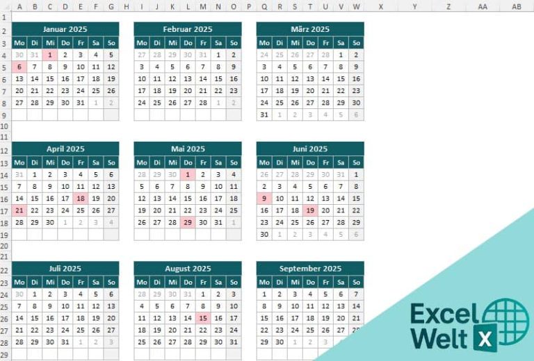 Kalender Ferien & Feiertage Bayern 2025 in Excel