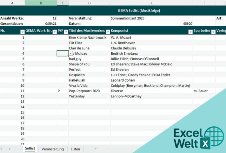 GEMA Setlist Vorlage Excel Anleitung & PDF