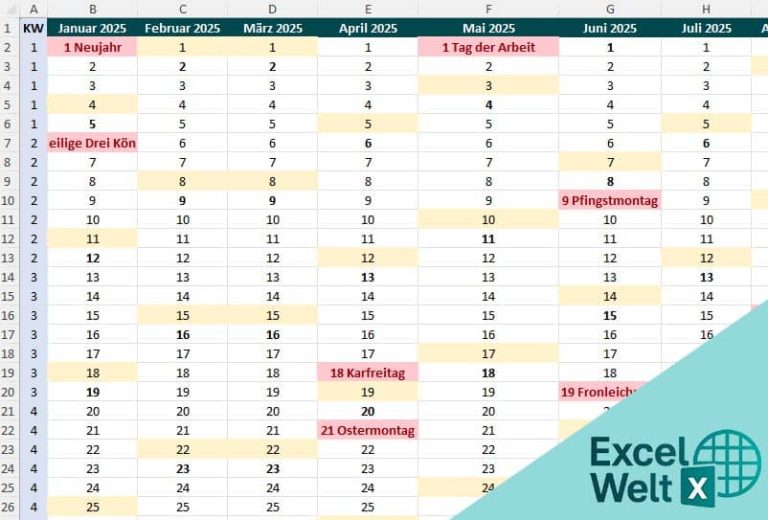 Kalender Ferien & Feiertage Bayern 2025 in Excel