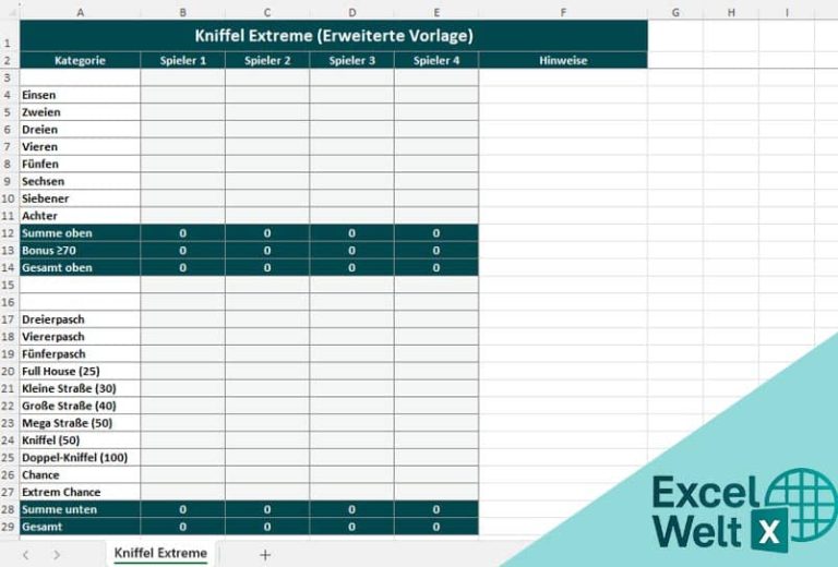 Kniffel Vorlage Excel kostenlos downloaden & nutzen