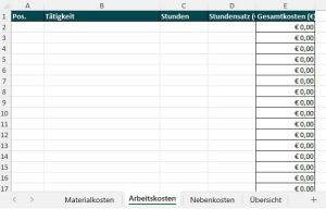 Kostenkalkulation Excel-Vorlage Schritt-für-Schritt