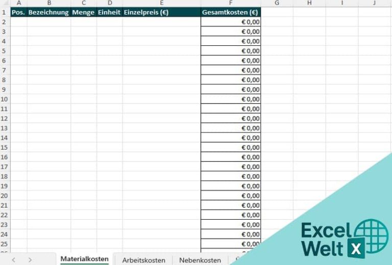Kostenkalkulation Excel-Vorlage Schritt-für-Schritt