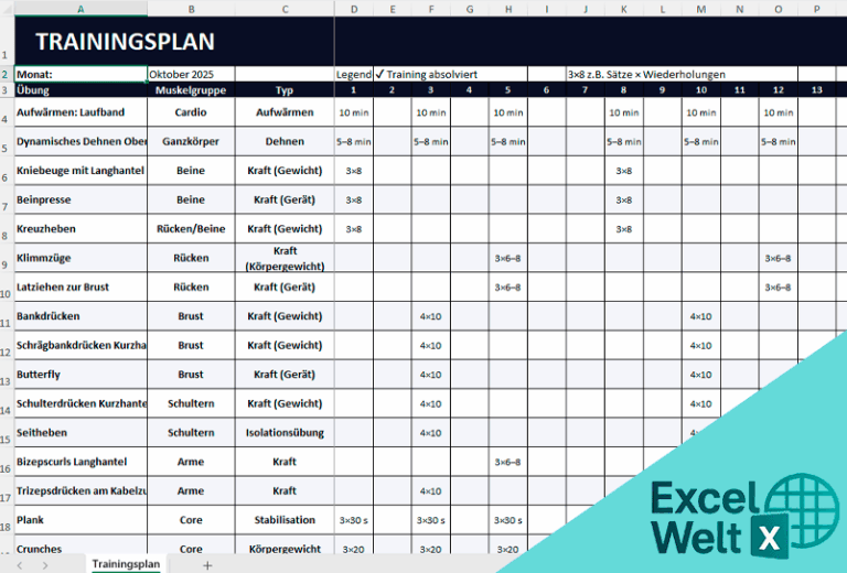 Vorlage für Trainingsplan in Excel 2 Gratis Templates