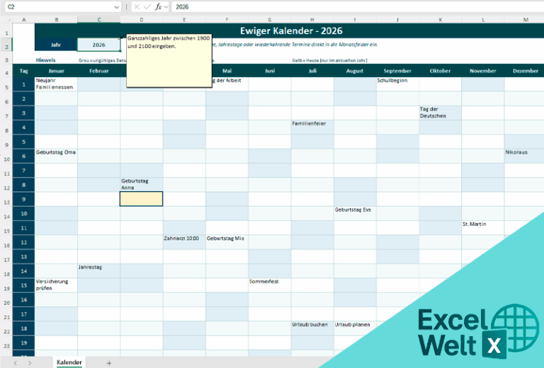 Ewiger Kalender kostenlos Excel Vorlage einfach nutzen