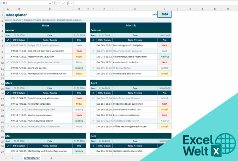 9 kostenlose Jahresplaner für Excel Vorlagen & Anleitung