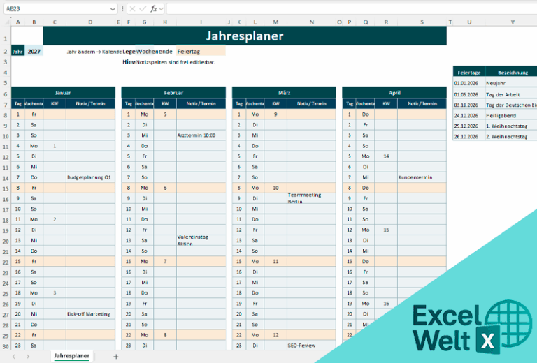 9 kostenlose Jahresplaner für Excel Vorlagen & Anleitung