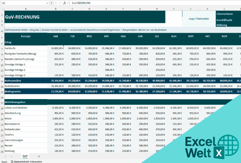 GuV Excel Vorlage Gewinn- und Verlustrechnung einfach