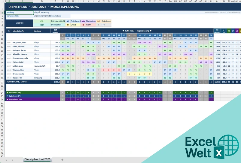 Dienstplan Vorlage Monatsplanung Excel gratis herunterladen