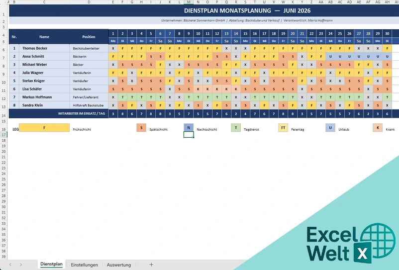Dienstplan Vorlage Monatsplanung Excel gratis herunterladen