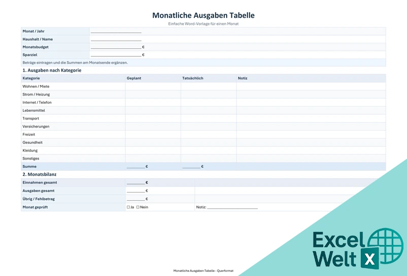 Monatliche Ausgaben Tabelle 6 PDF Vorlagen kostenlos