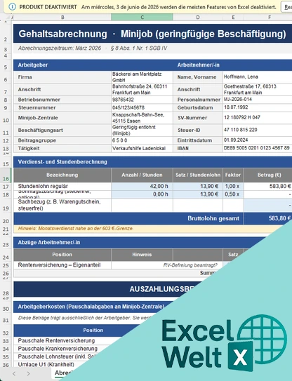 Gehaltsabrechnung Minijob Excel Gratis Vorlage