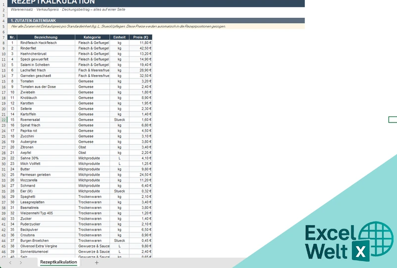 Rezepte kalkulieren Excel Vorlage kostenlos downloaden